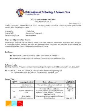 CHE F342 - Course Handout - FIRST SEMESTER 2020- Course Handout Part II Date: 17-08- In addition ...