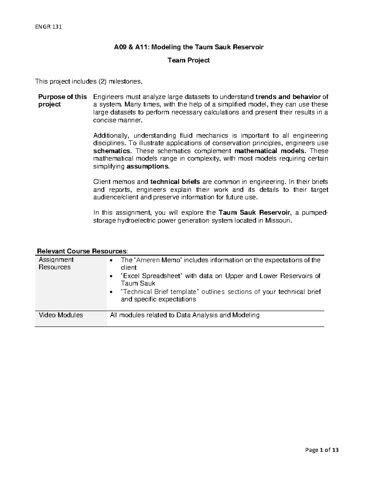 A09 & A11 Taum Sauk Instructions - A 09 & A1 1 : Modeling the Taum Sauk Reservoir Team Project ...