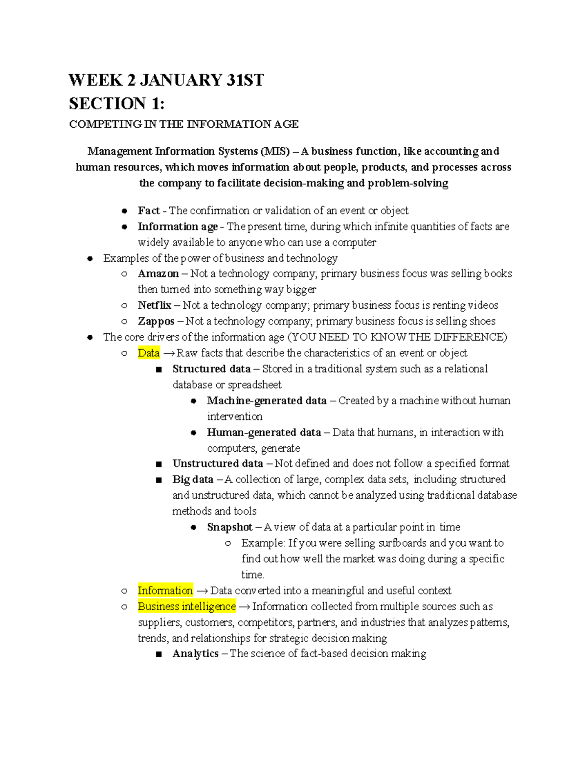 MIS 180 Week 2 - Lecture notes 2 - WEEK 2 JANUARY 31ST SECTION 1 ...