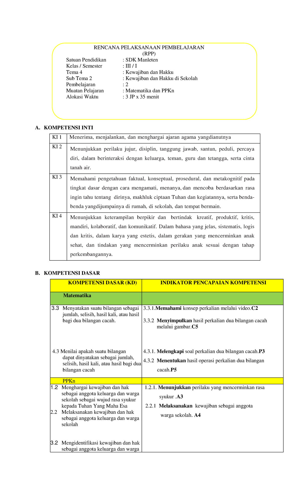 Rpp pkn matematika kelas 3 - RENCANA PELAKSANAAN PEMBELAJARAN (RPP) Satuan Pendidikan : SDK ...