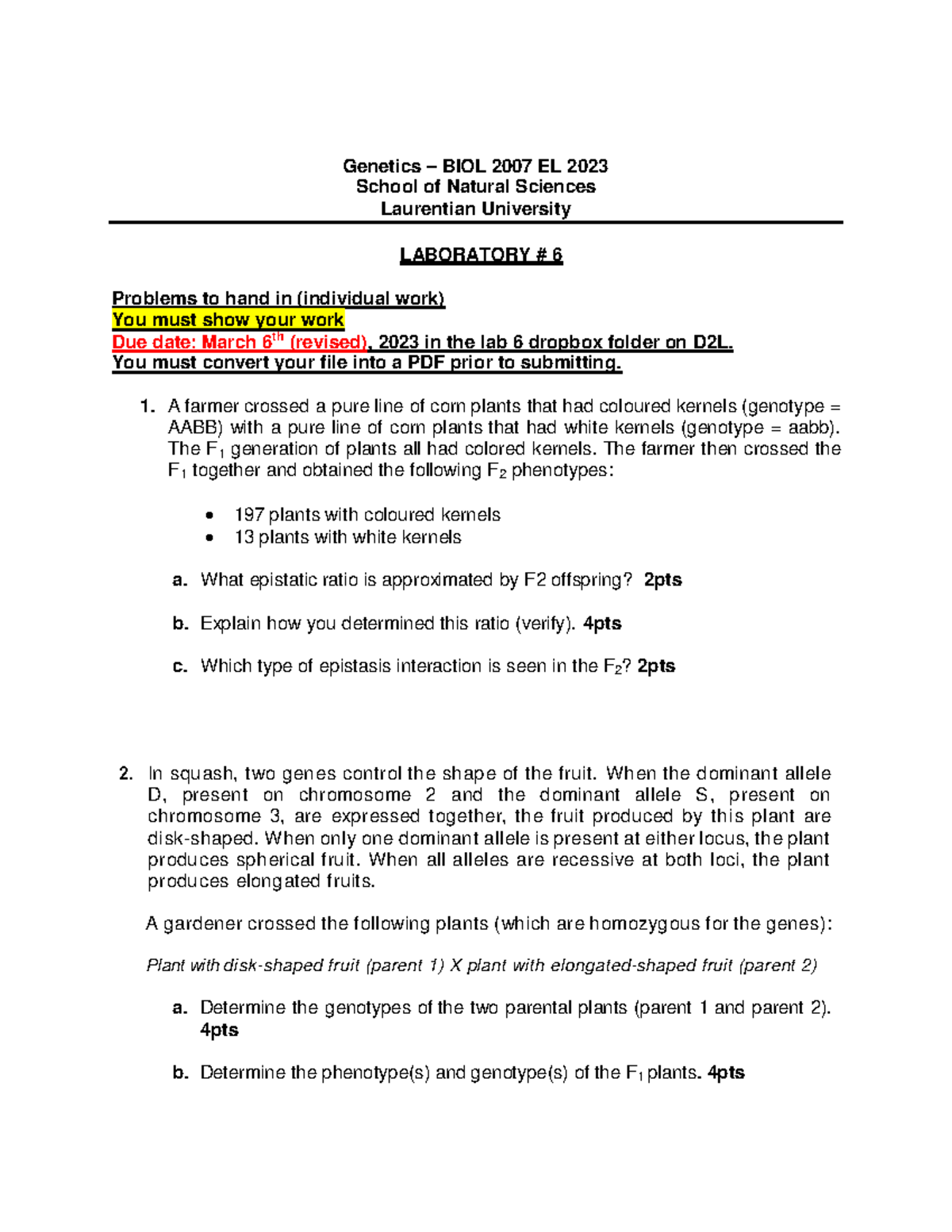 Lab 6 problem solving 2023 - Genetics – BIOL 2007 EL 2023 School of ...