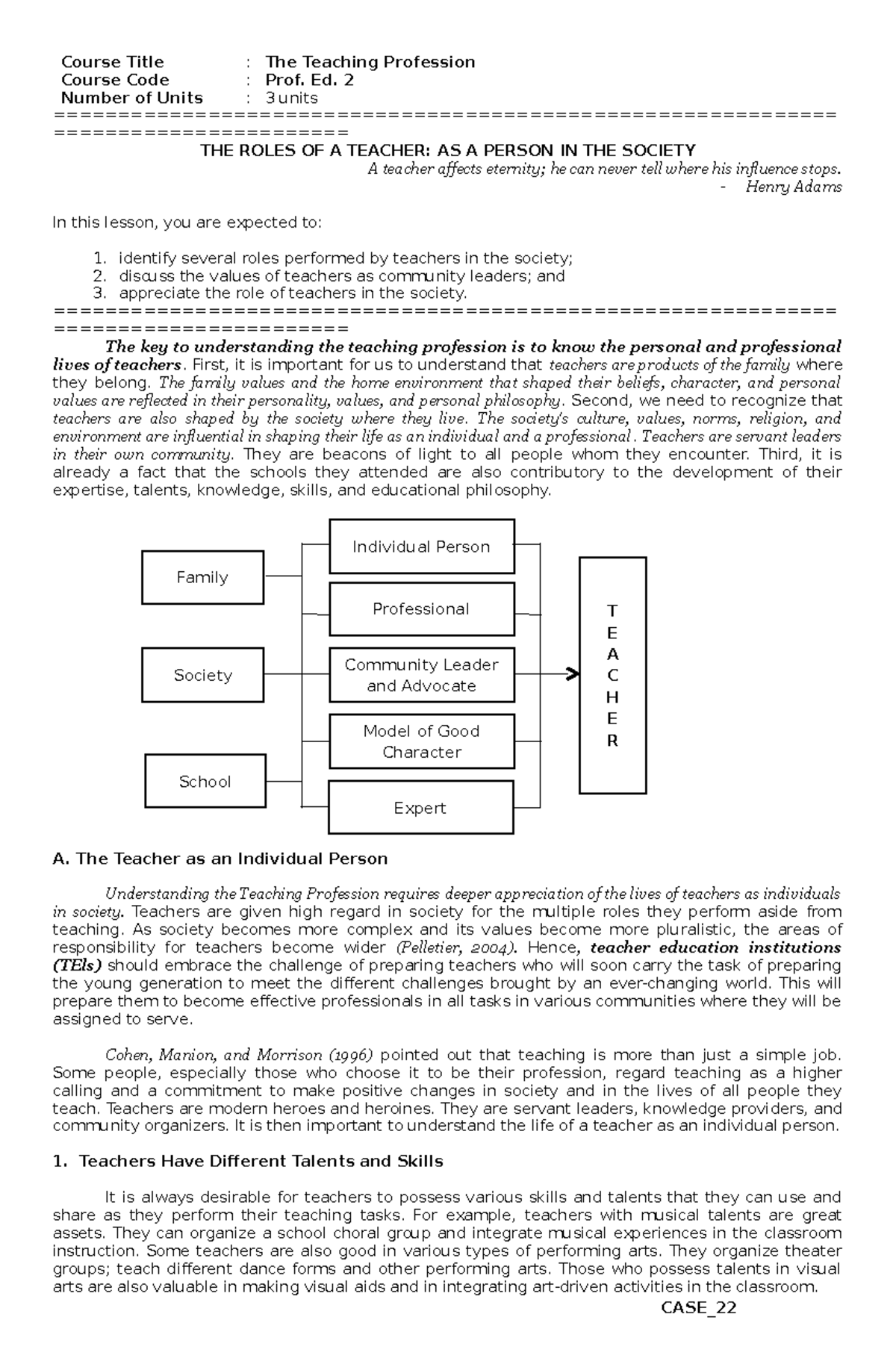 The Teacher as an Individual Person - Course Title : The Teaching ...