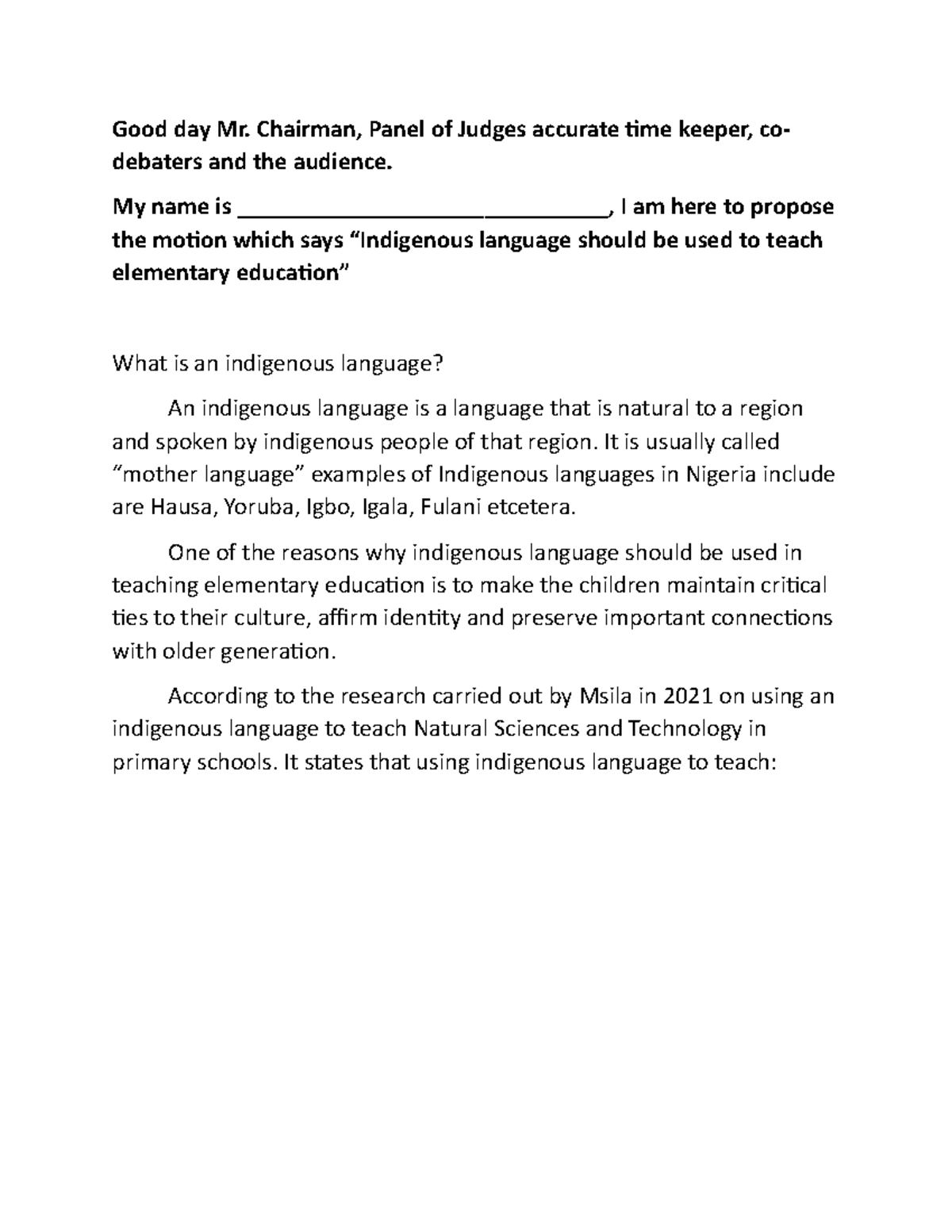 Debate - Good day Mr. Chairman, Panel of Judges accurate time keeper ...