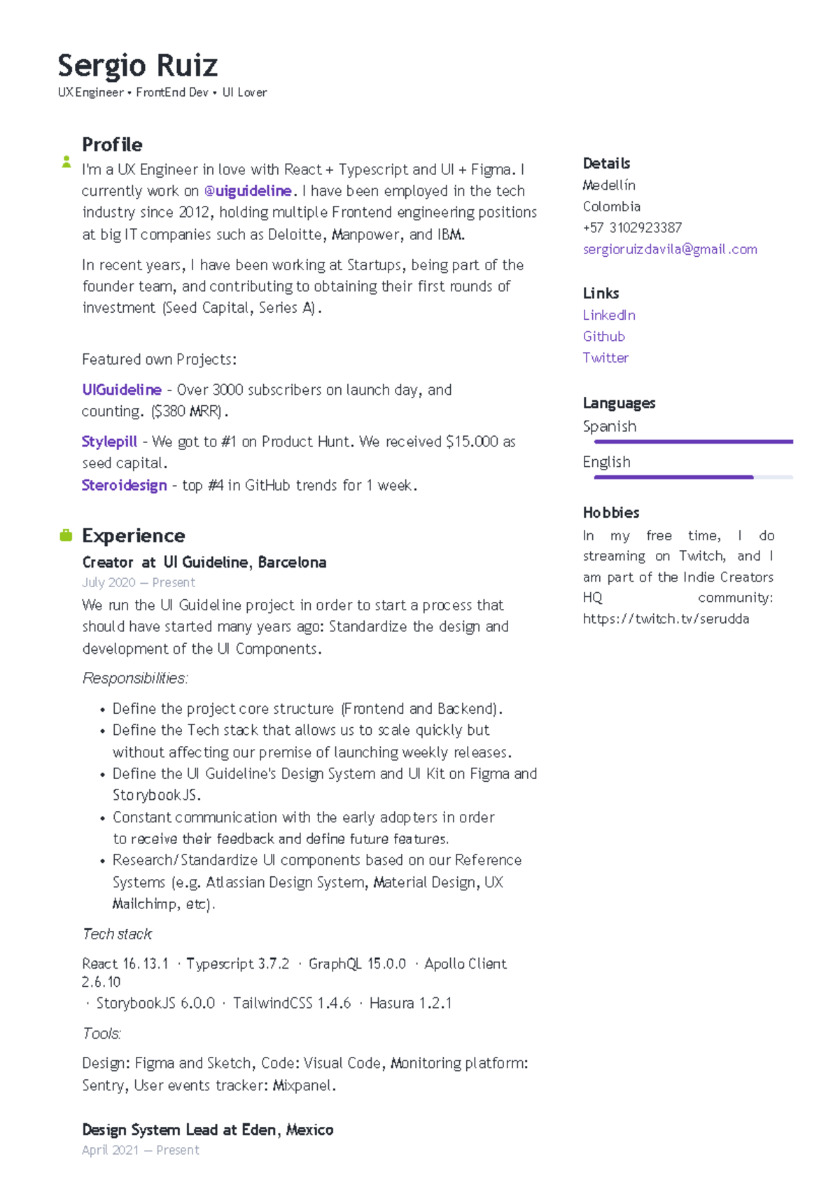 Sergio Ruiz - Resume - UX Engineer • Front End Dev • UI Lover - Sergio Ruiz UX Engineer ...