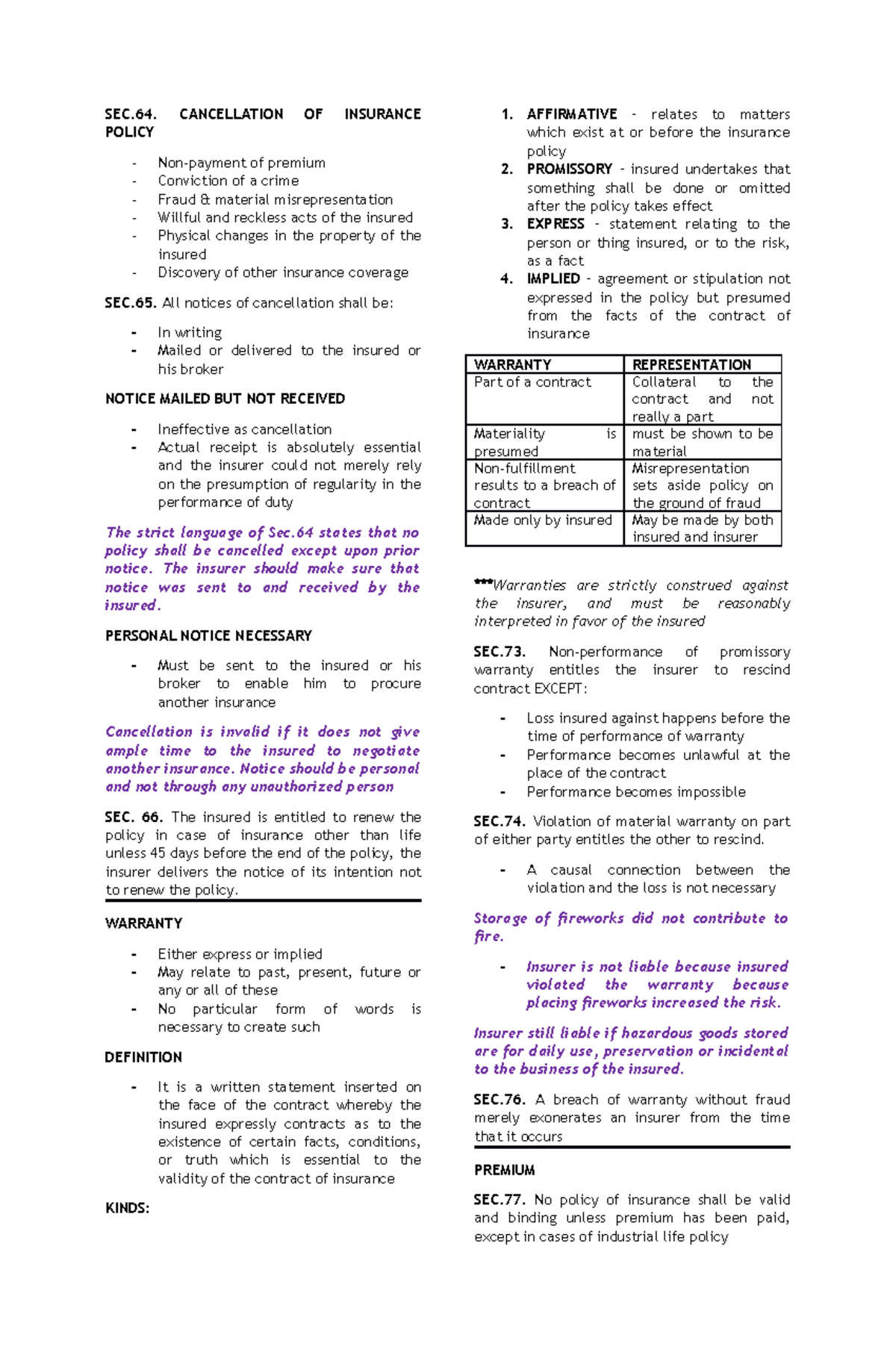 Insurance midterms - Lecture notes 5 - SEC. CANCELLATION OF INSURANCE ...
