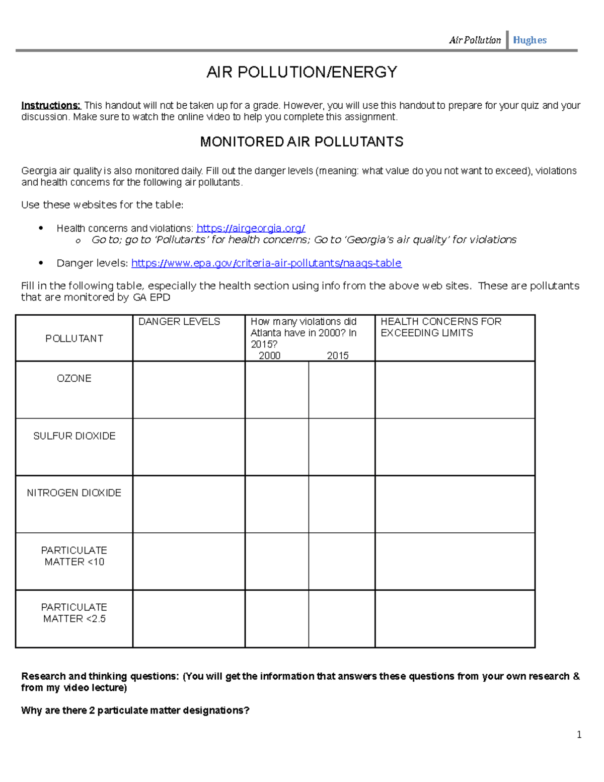 Air Pollution handout - AIR POLLUTION/ENERGY Instructions: This handout ...
