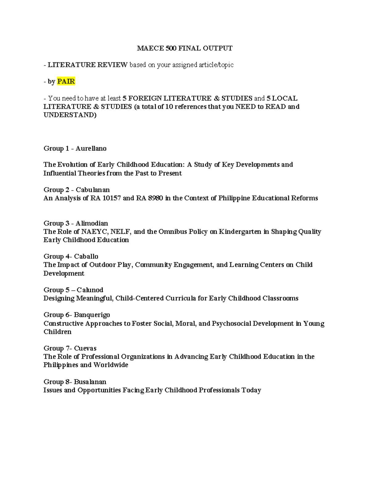 Maece 500 Final Output - layout - MAECE 500 FINAL OUTPUT LITERATURE ...