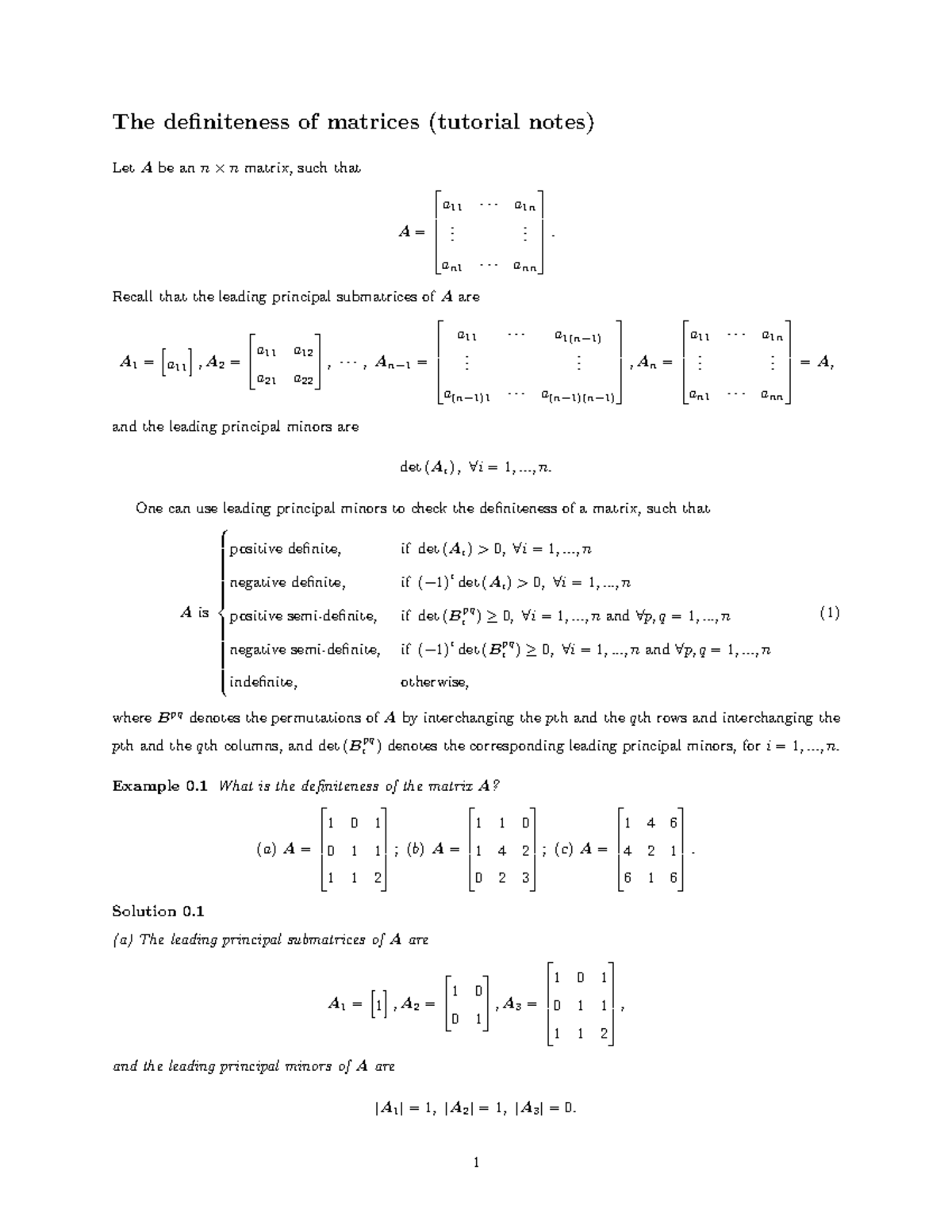 The definiteness of matrices (tutorial notes) - . . . . . an 1 ...