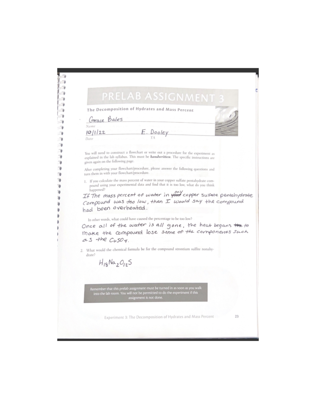 UWyo General Chemistry 1020 (Dr. Anderson) Ch. 3 Pre Lab Questions - CHEM 1020 - Studocu