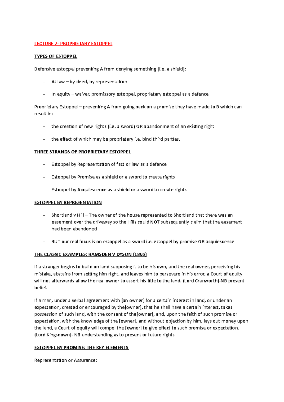 LL- Lecture Seven- Proprietary estoppel - LECTURE 7- PROPRIETARY ...