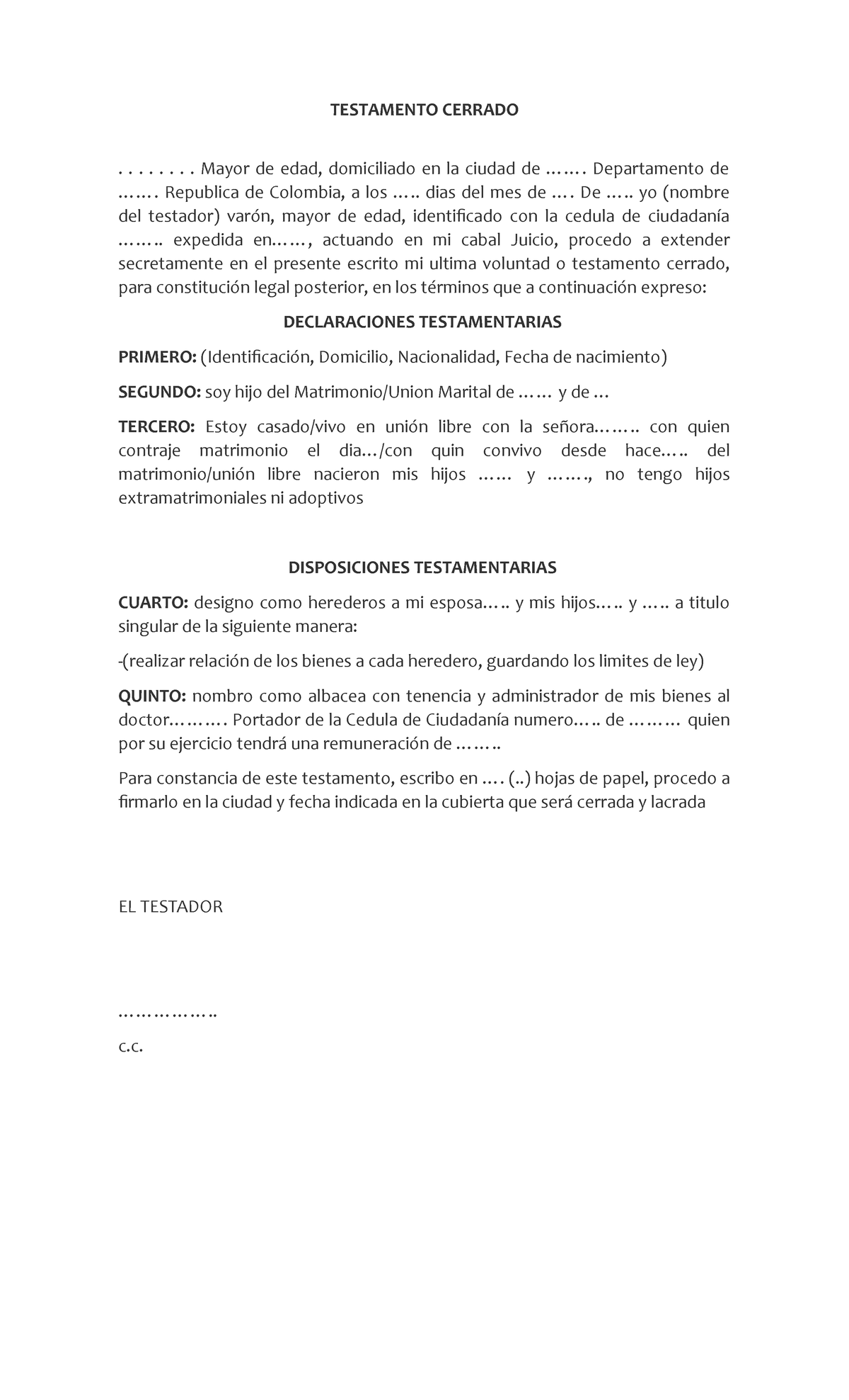 Modelos de escrito testamento cerrado - TESTAMENTO CERRADO ...