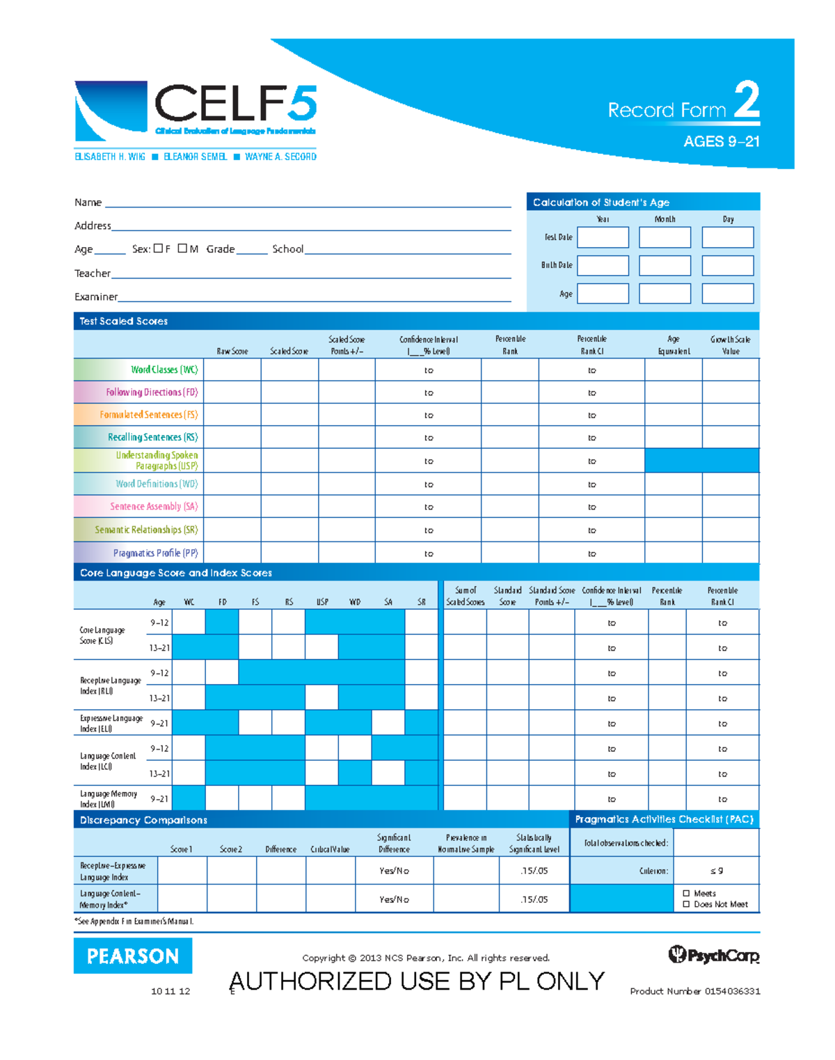 CELF 5 (ages 9-21) - CELF hoja de respuestas - Calculation of Student’s ...