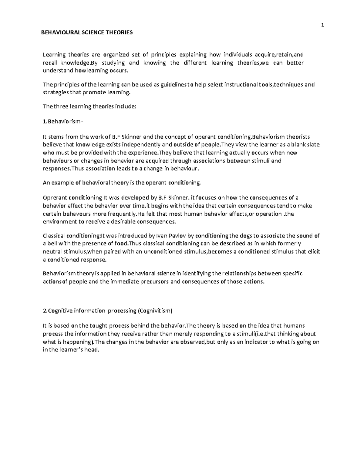 Behavioral Science Theories - 1 BEHAVIOURAL SCIENCE THEORIES Learning ...