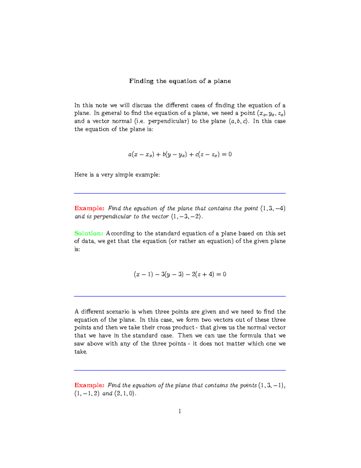 Equation of a plane - Finding the equation of a plane In this note we ...