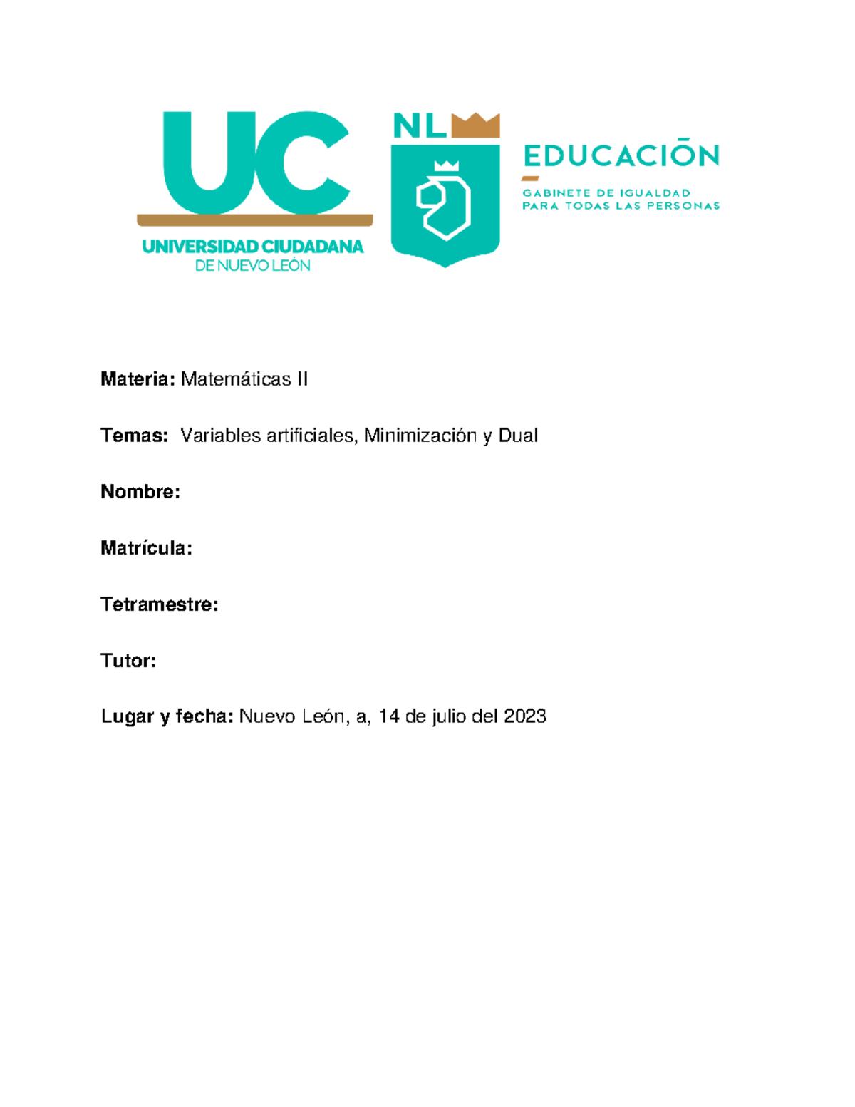 Matemáticas II Actividad 2 Matematicas II Semana 9 Capitulo 7 Variables artificiales ...