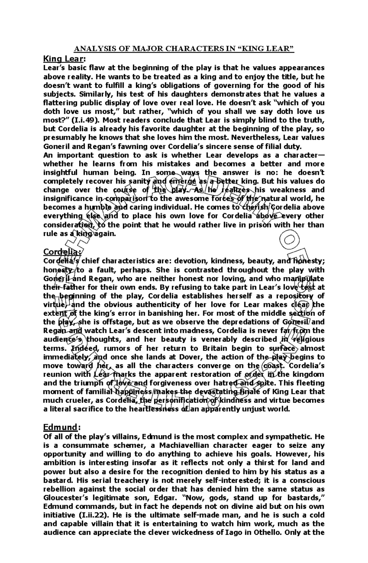 19649451 Analysis of Major Characters in King Lear - ANALYSIS OF MAJOR ...