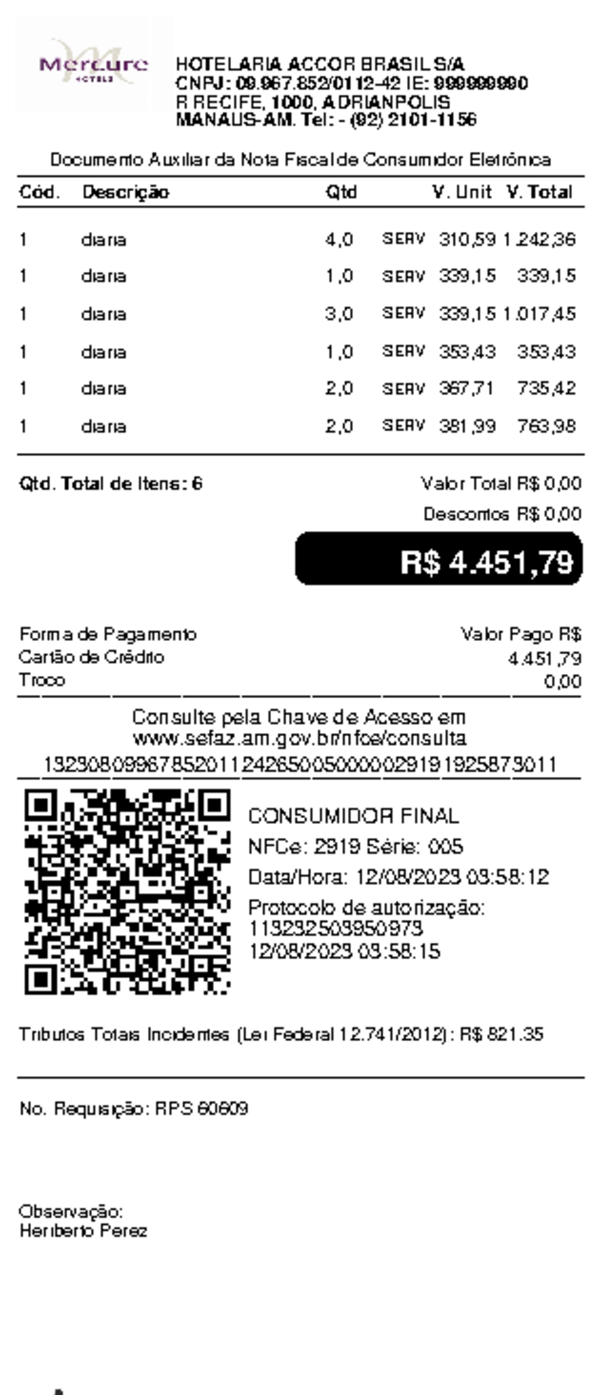 Diárias - HOTELARIA ACCOR BRASIL S/A CNPJ: 09.967/0112-42 IE: 999999990 ...