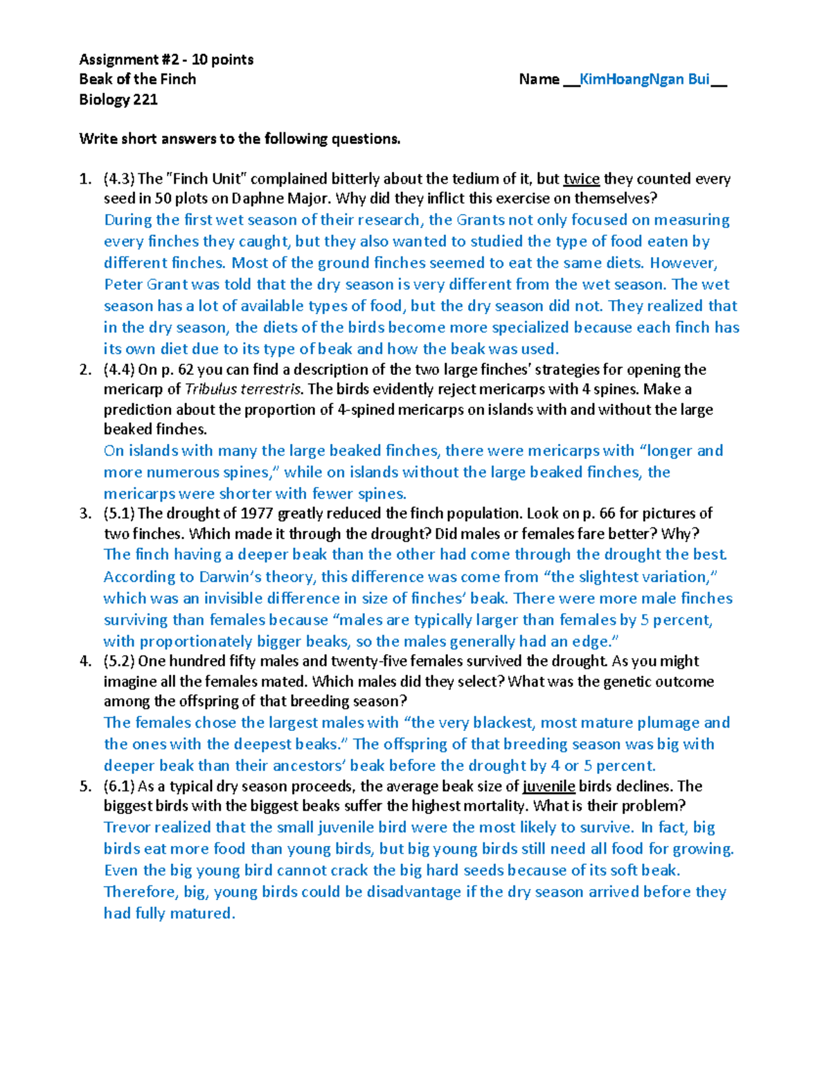 Biol 221 beak 2 - Biol 221 - Prof. Mark Smith Reading book “Beak of the ...