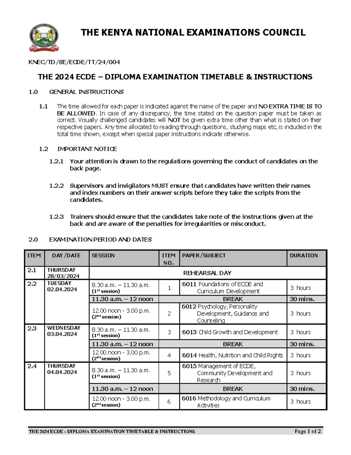 2024-ECDE - THE 2024 ECDE – DIPLOMA EXAMINATION TIMETABLE ...