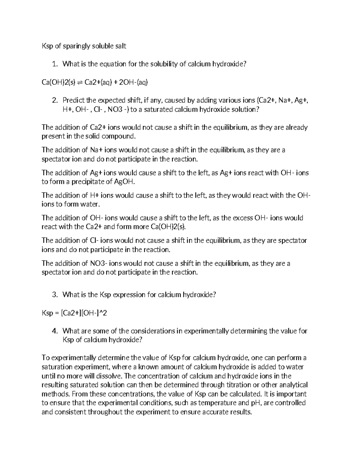Ksp pre lab - pre lab for the ksp lab - Ksp of sparingly soluble salt ...
