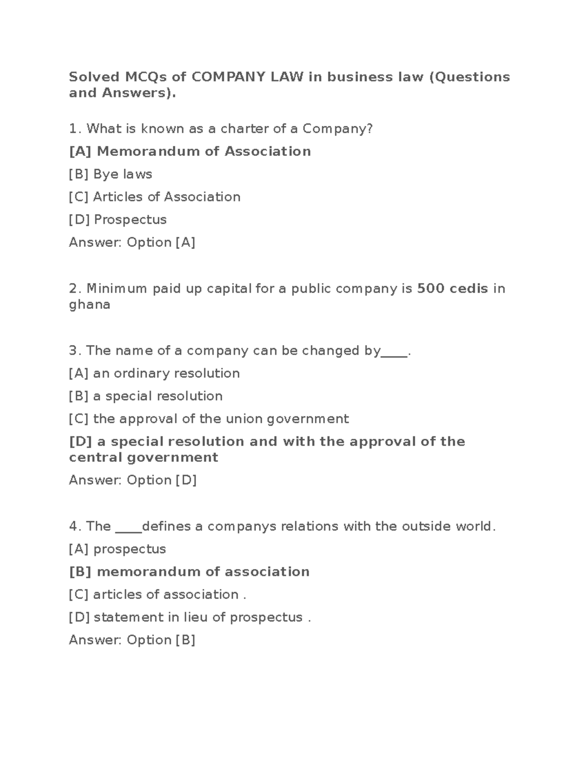 Solved MCQs of Company LAW in business law - Solved MCQs of COMPANY LAW ...