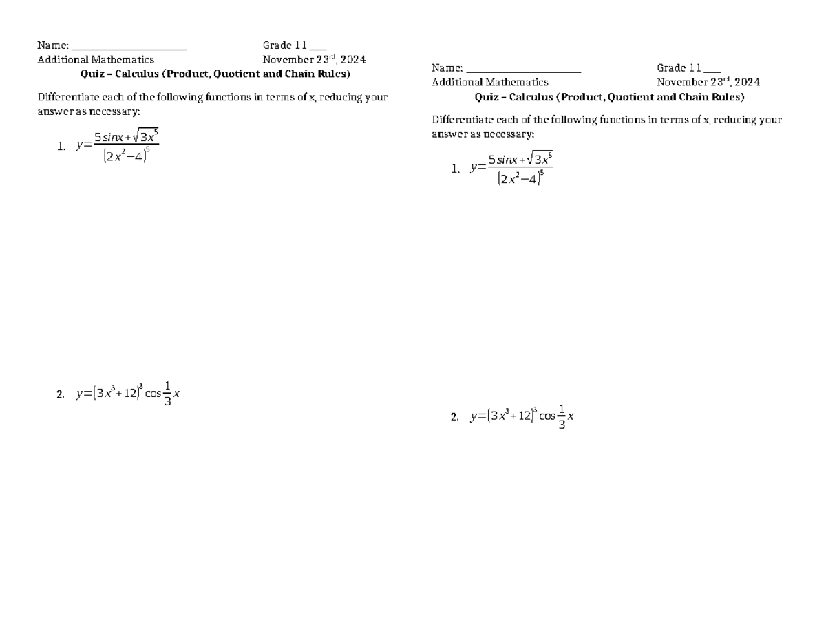 Quiz - calculus 1 quiz - Quiz questions - Name ...