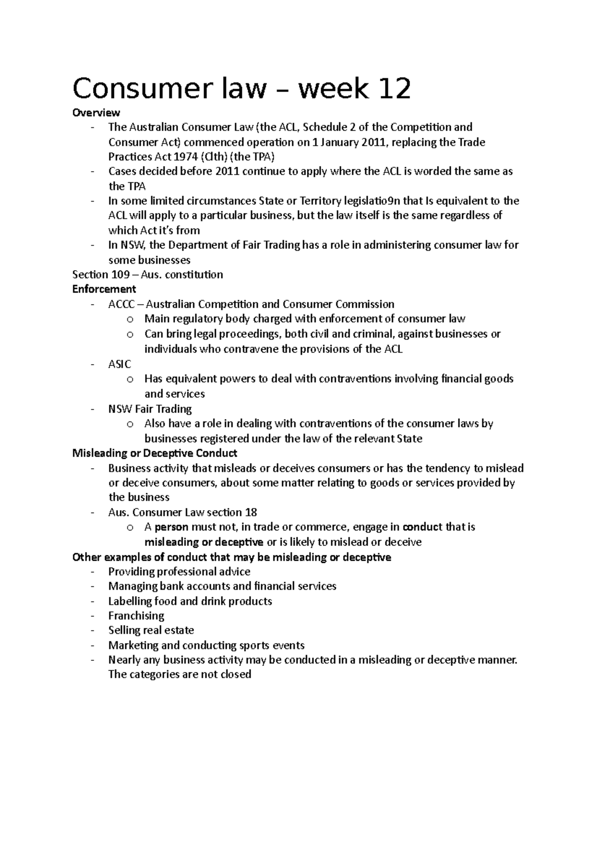 Consumer law consumer Law notes for the exam - Consumer law – week 12 ...