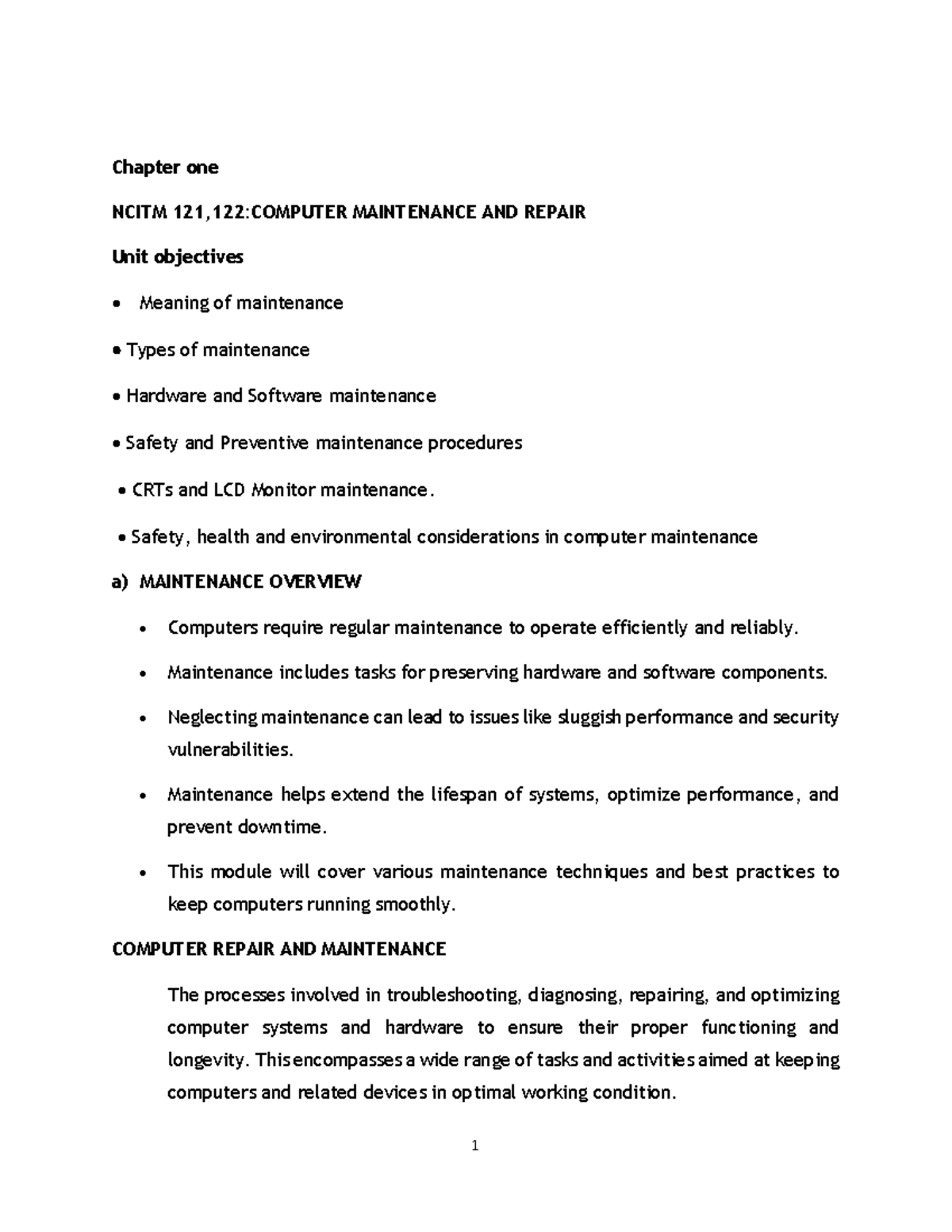 Repair AND Maintence - mmm - Chapter one NCITM 121,122:COMPUTER ...