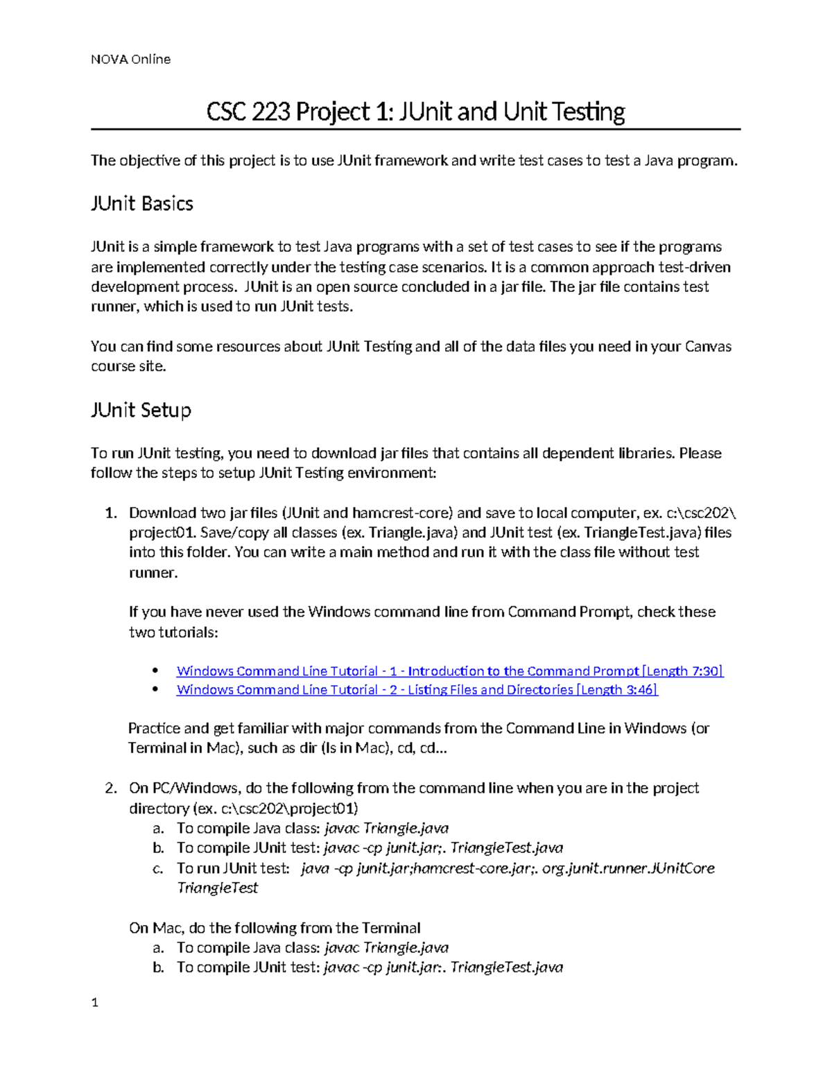 CSC223Project 1 - NOVA Online CSC 223 Project 1: JUnit and Unit Testing ...
