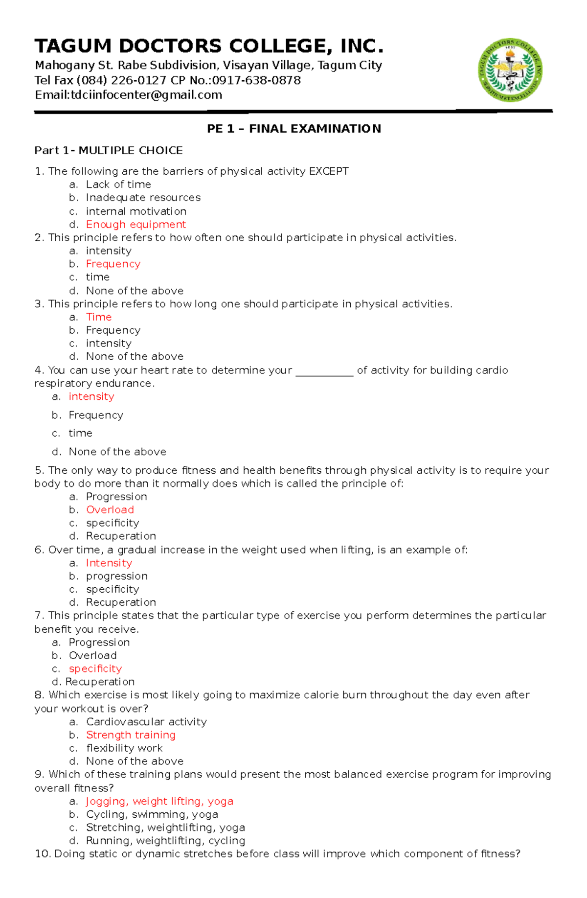 Final Examination- Physical Education 1 - TAGUM DOCTORS COLLEGE, INC ...