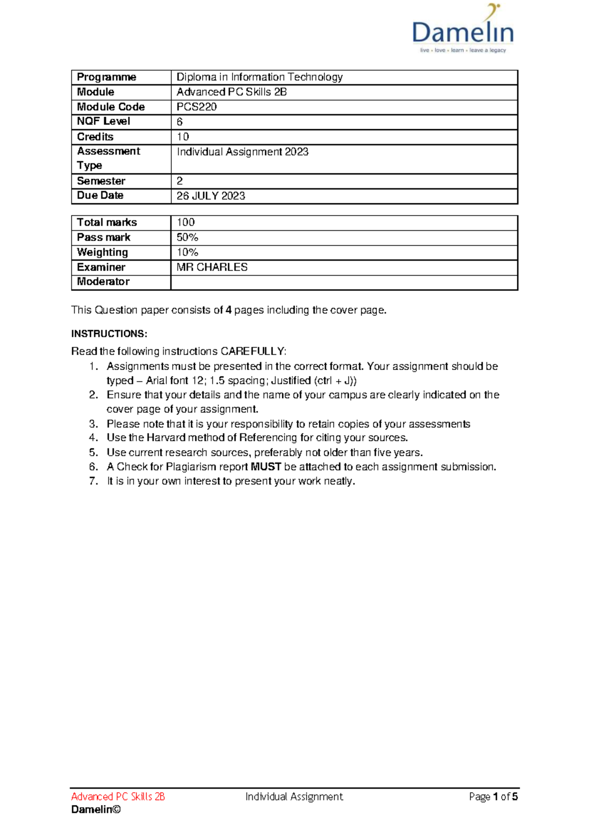 Advanced PC Skills 2B 2023 ( Assignment 1) - Advanced PC Skills 2B Individual Assignment Page 1 ...
