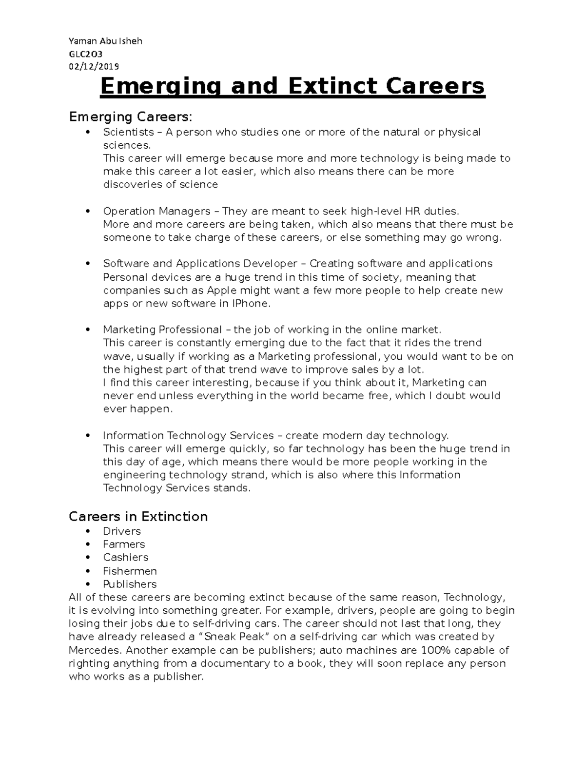 Emerging and Extinct Careers - Yaman Abu Isheh GLC2O 02/12/ Emerging ...