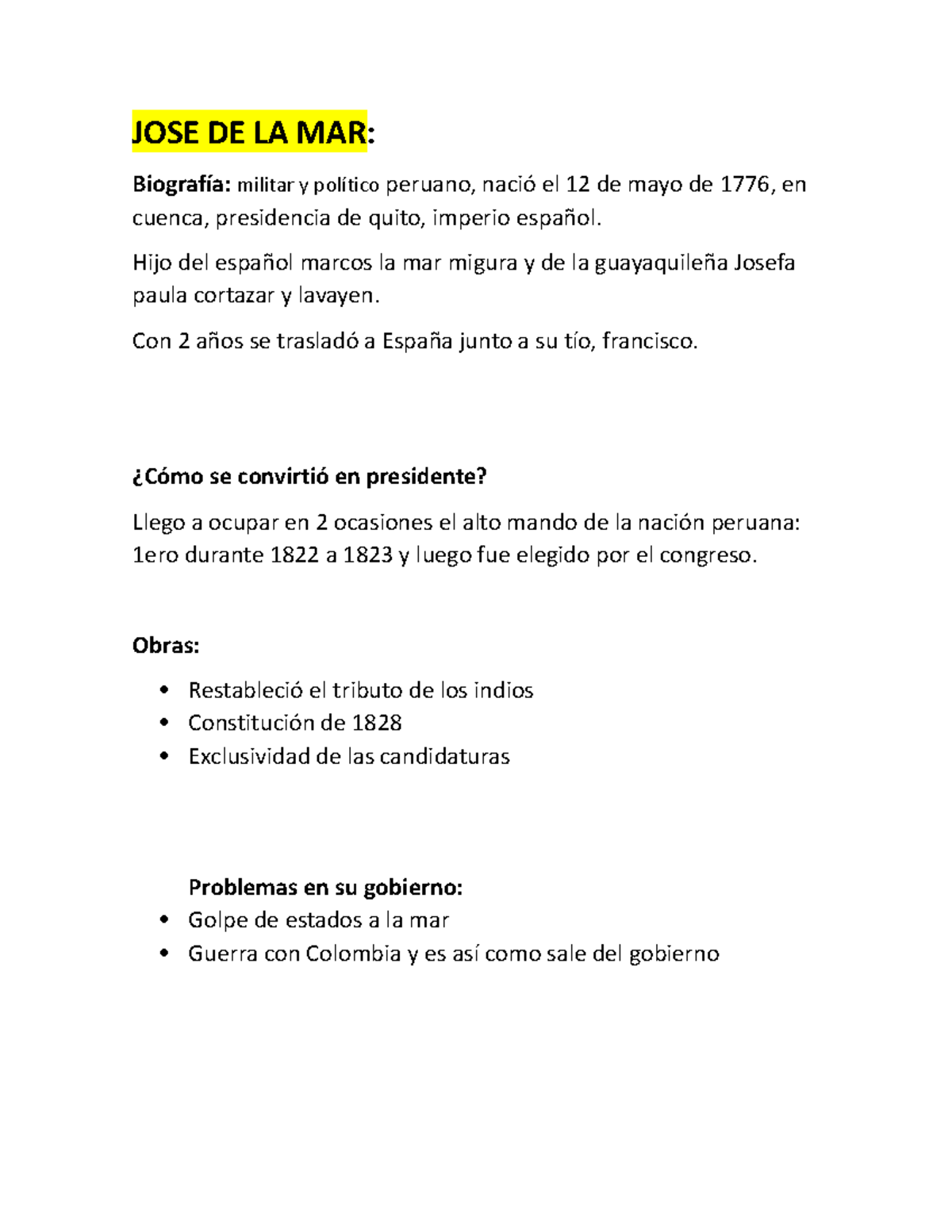 JOSE DE LA MAR - JOSE DE LA MAR: Biografía: militar y político peruano ...