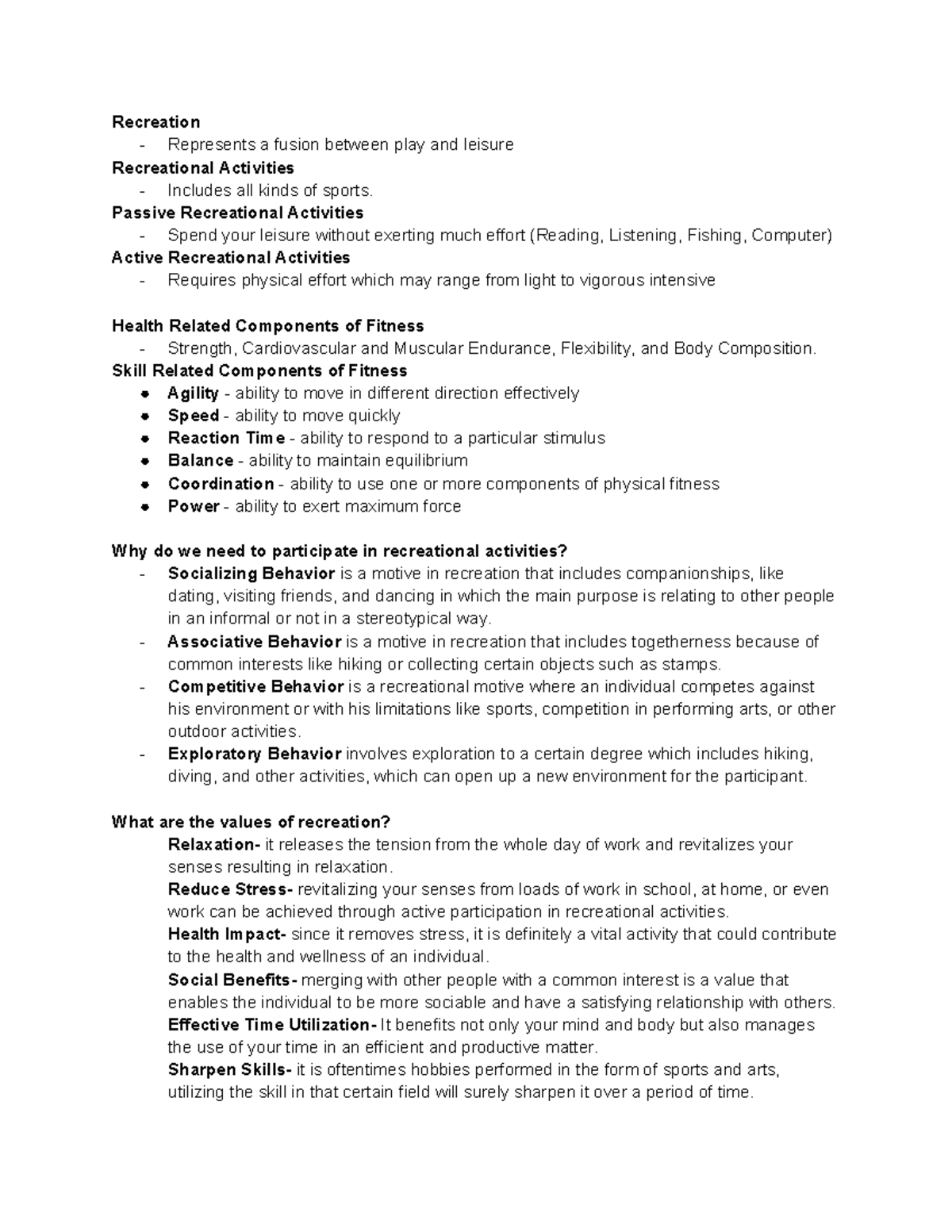 PE- Recreation - Recreation - Represents a fusion between play and ...
