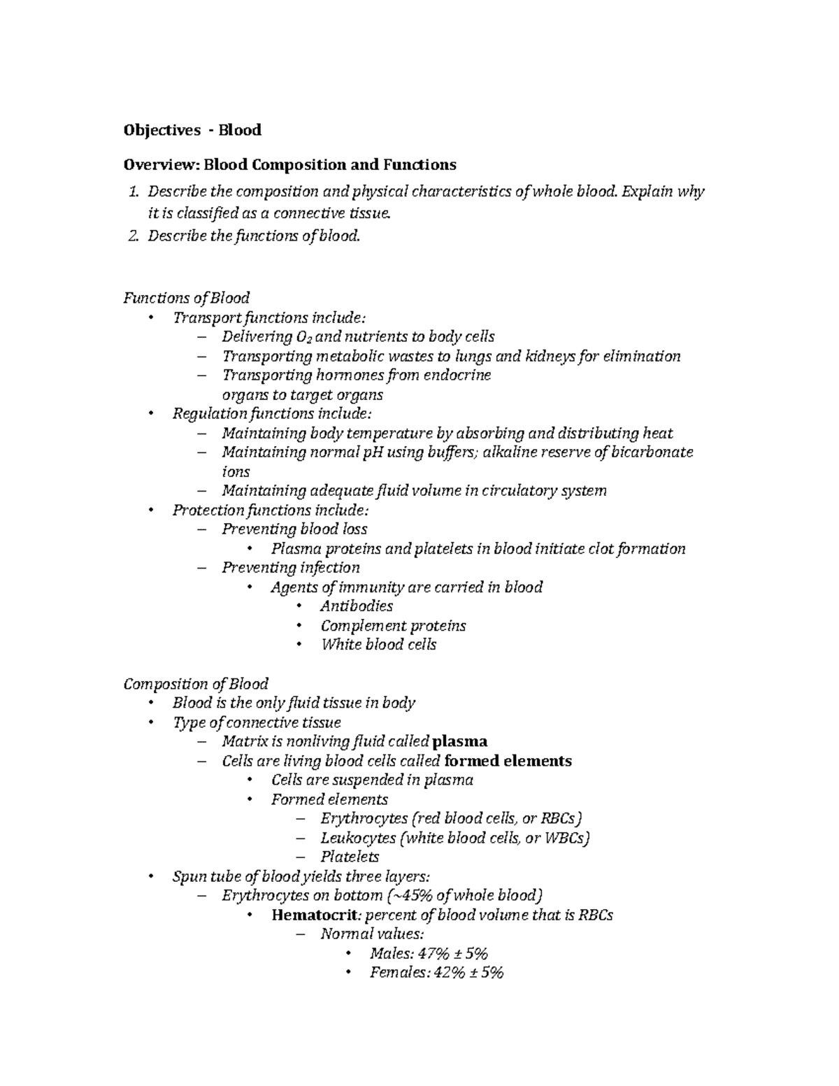 Exam 3 Complete Notes Human Anatomy Fall 2016 - Objectives - Blood ...