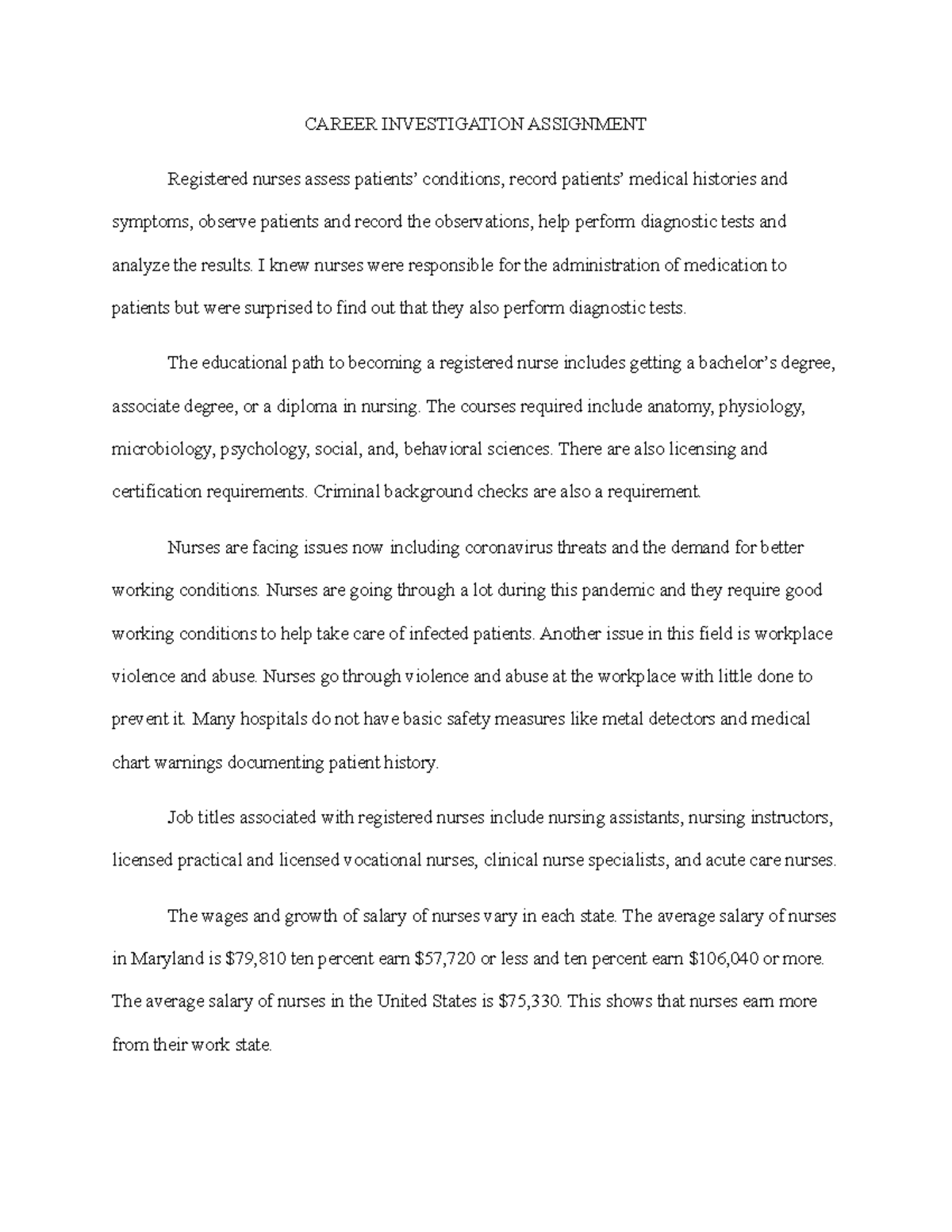 Career Investigation Assignment - CAREER INVESTIGATION ASSIGNMENT ...