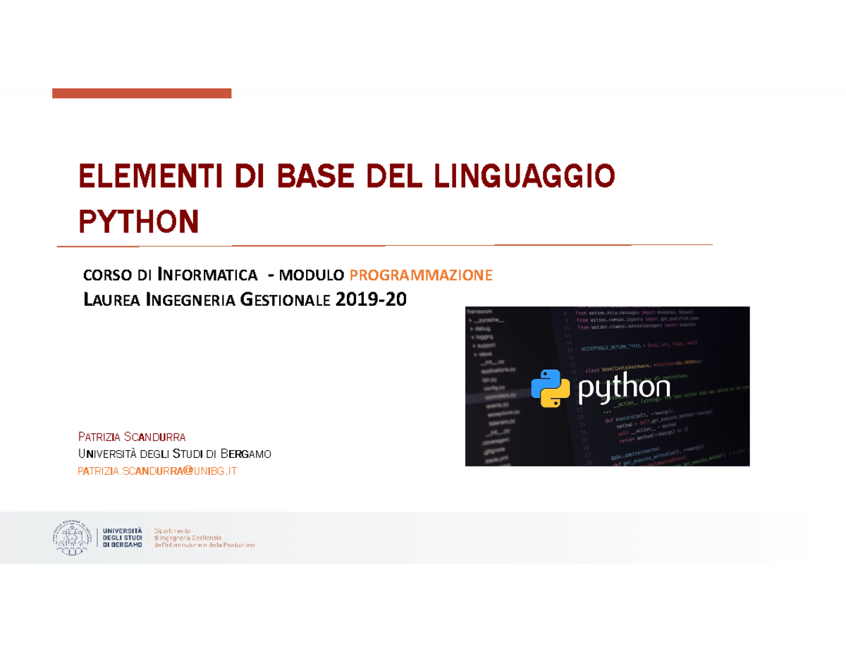 Python basi Linguaggio - ELEMENTIELEMENTIELEMENTIELEMENTI DIDIDIDI ...
