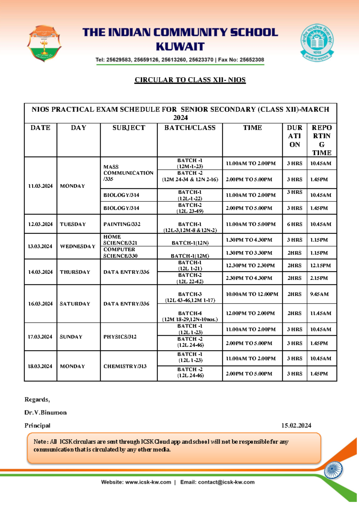 Practical Time Table Nios Tt Circular To Class Xii Nios Nios Practical Exam Schedule For