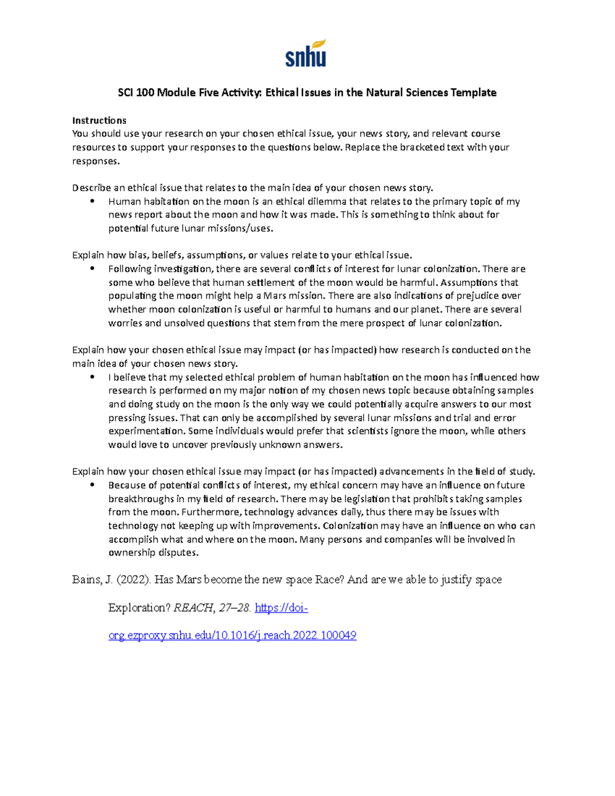 SCI 100 Module Five Activity - Replace the bracketed text with your responses. Describe an ...