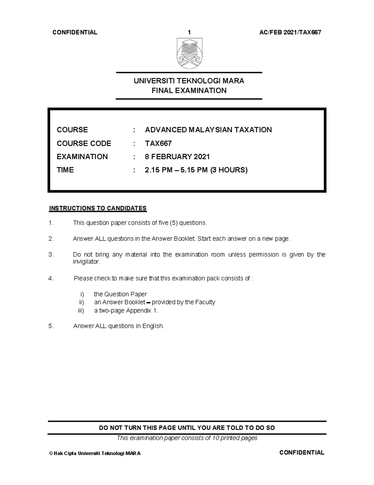 FEB 2021 TAX667 - UNIVERSITI TEKNOLOGI MARA FINAL EXAMINATION COURSE ...