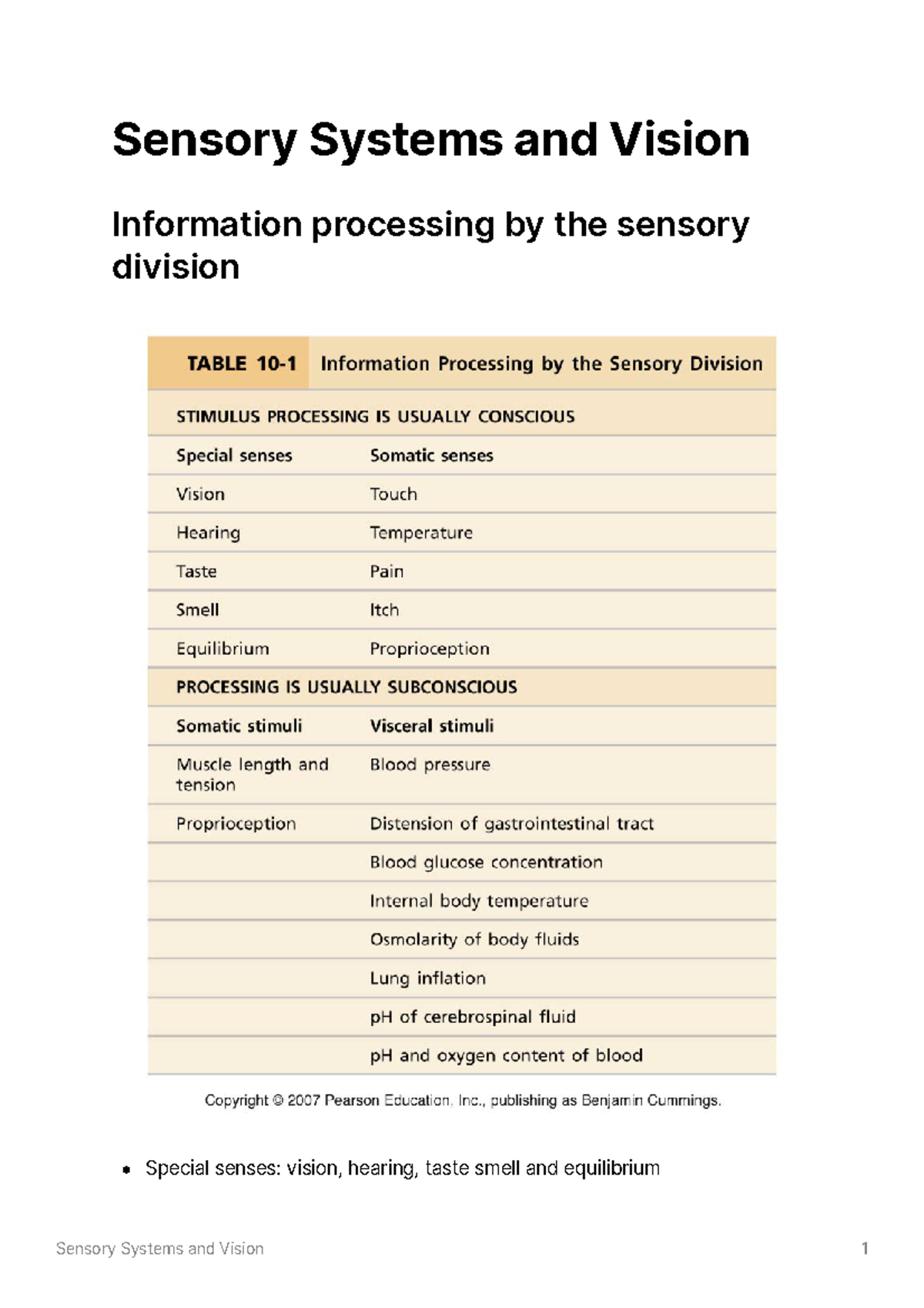 Lecture 6 Sensory Systems and Vision - Sensory Systems and Vision ...