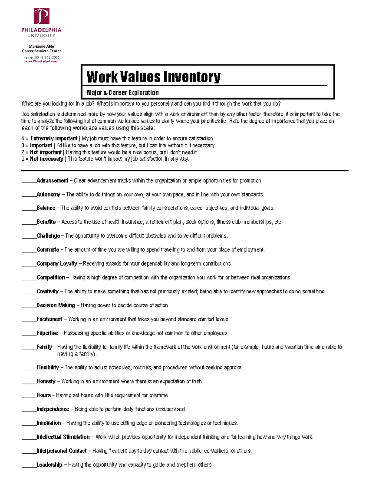 Self Assessment Work Values Inventory-1 - Work Values Inventory Major ...
