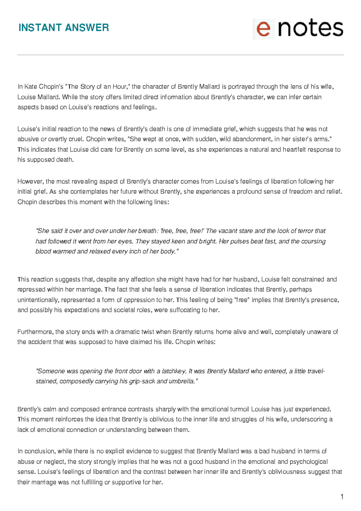 Enotes instant answer 328654 - INSTANT ANSWER In Kate Chopin's "The ...