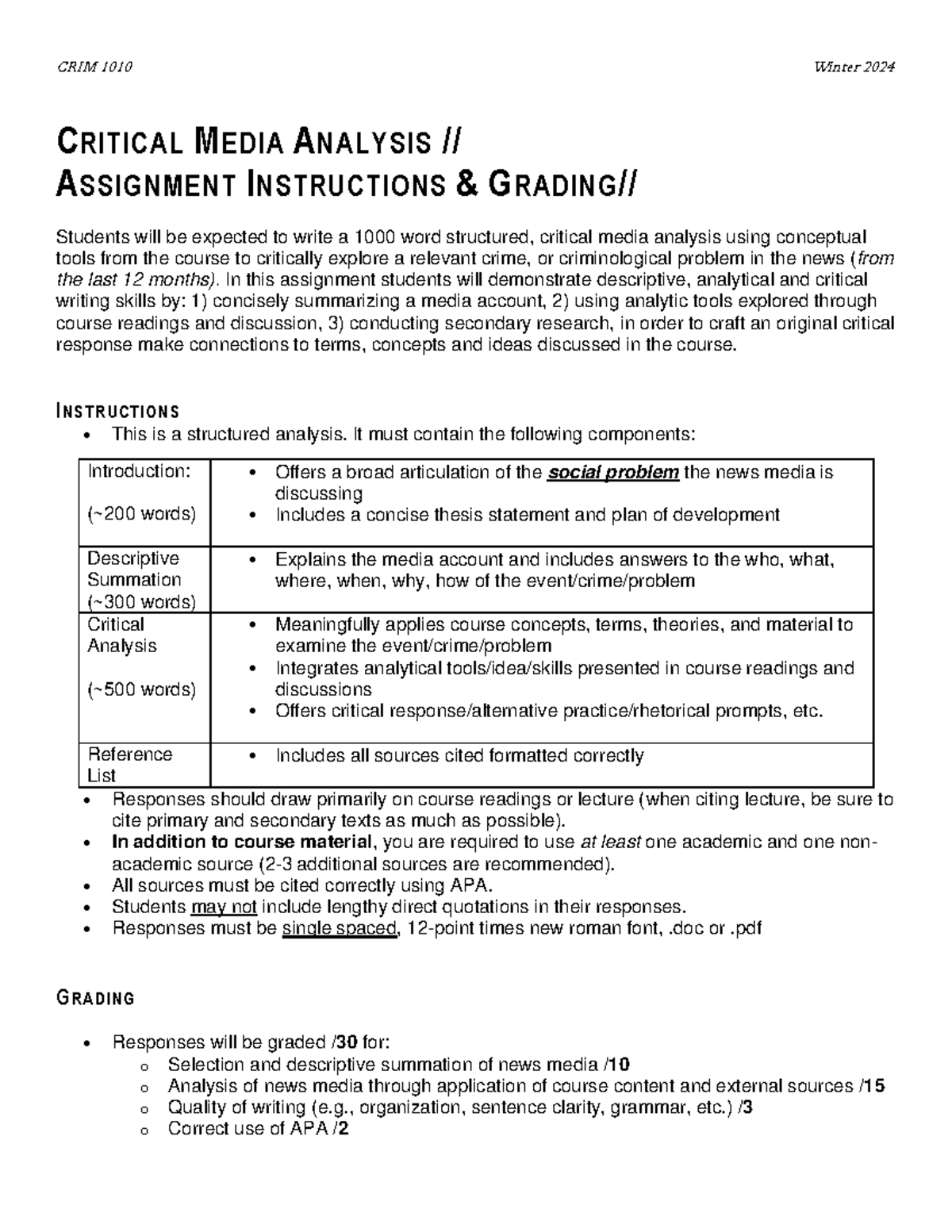 Critical Media Analysis 2024W - CRIM 1010 Winter 2024 CRITICAL MEDIA ...