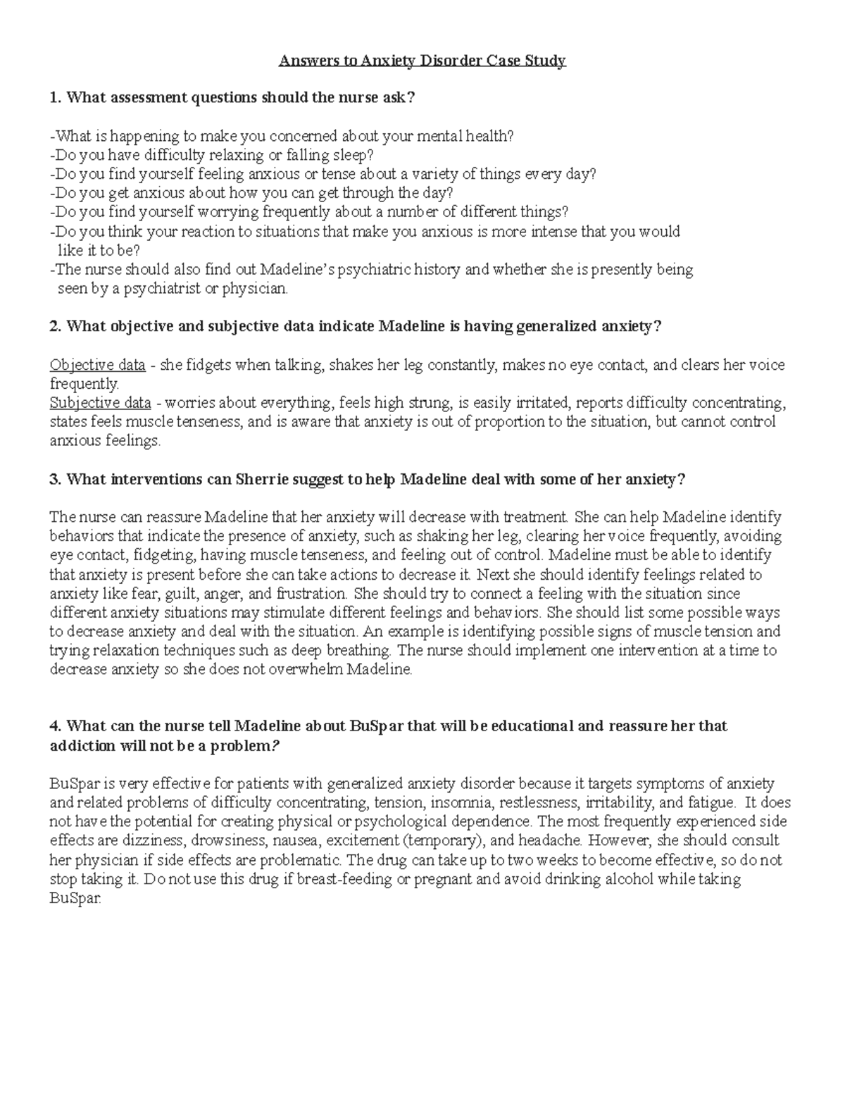 Answers to Anxiety Disorder Case Study-1 - What assessment questions ...