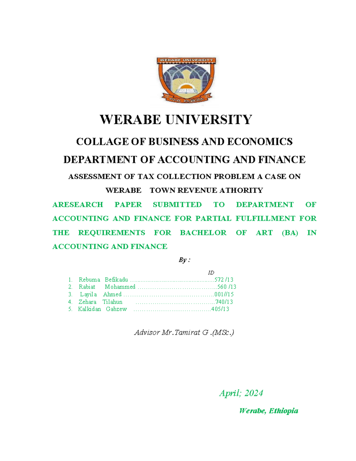 Rebuma Thesis - student material - WERABE UNIVERSITY COLLAGE OF ...