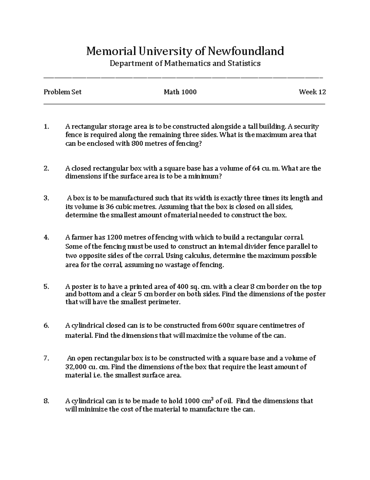 Problems Week 12 - Memorial University of Newfoundland Department of ...