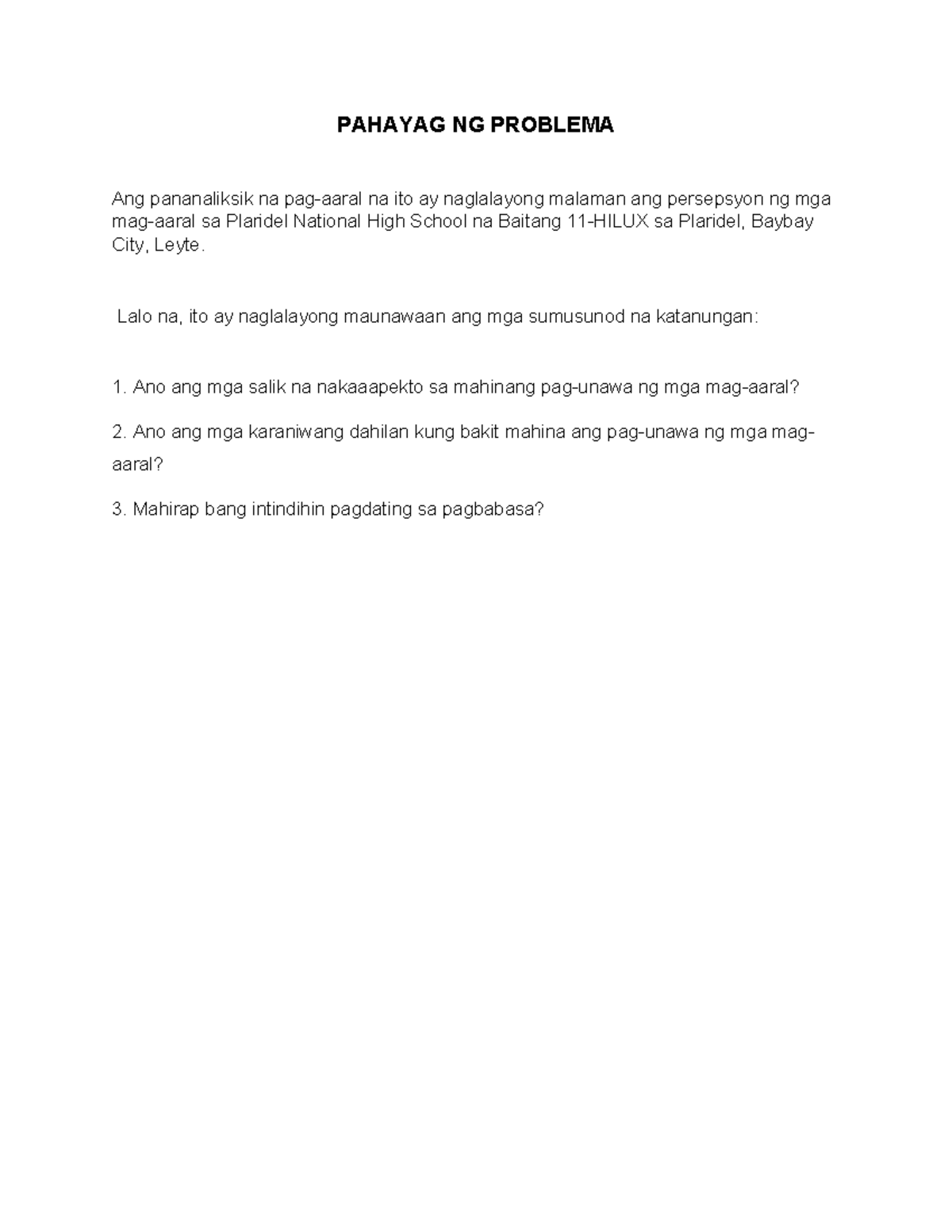 Pananaliksik( Problem Statement) - PAHAYAG NG PROBLEMA Ang pananaliksik ...