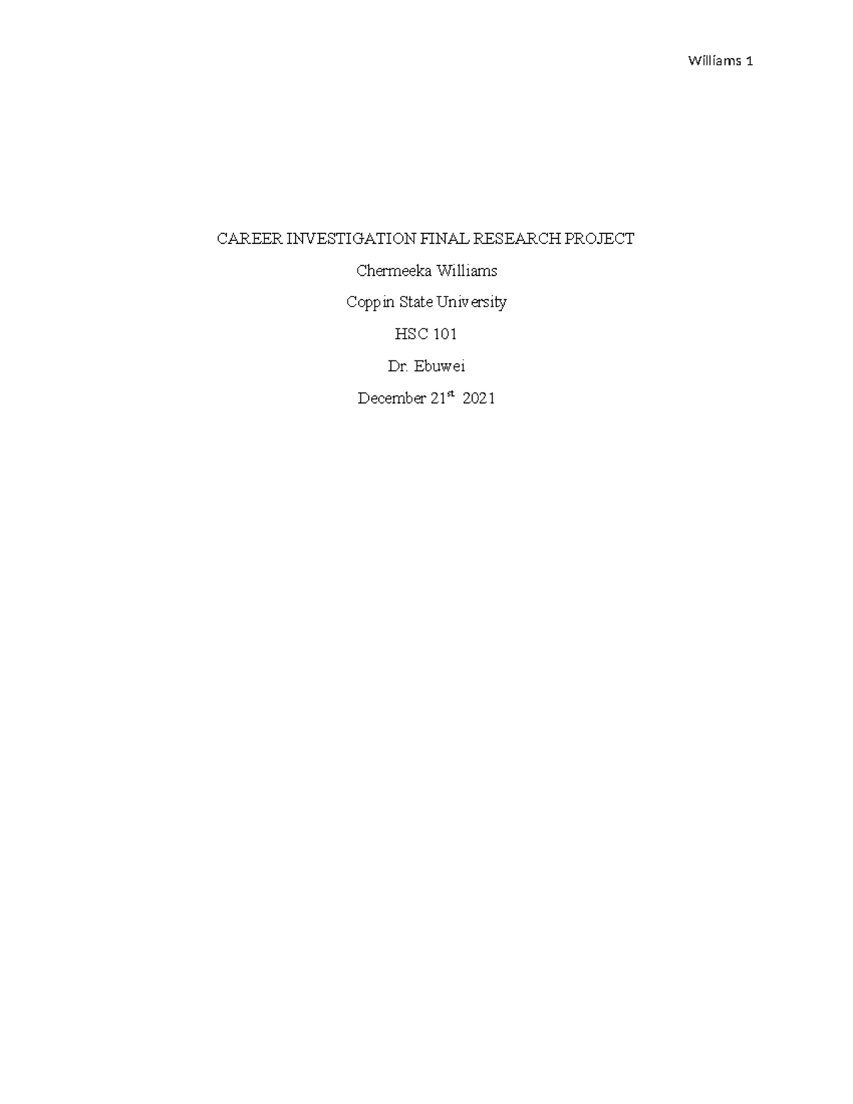 Williams Final Research Project - CAREER INVESTIGATION FINAL RESEARCH ...