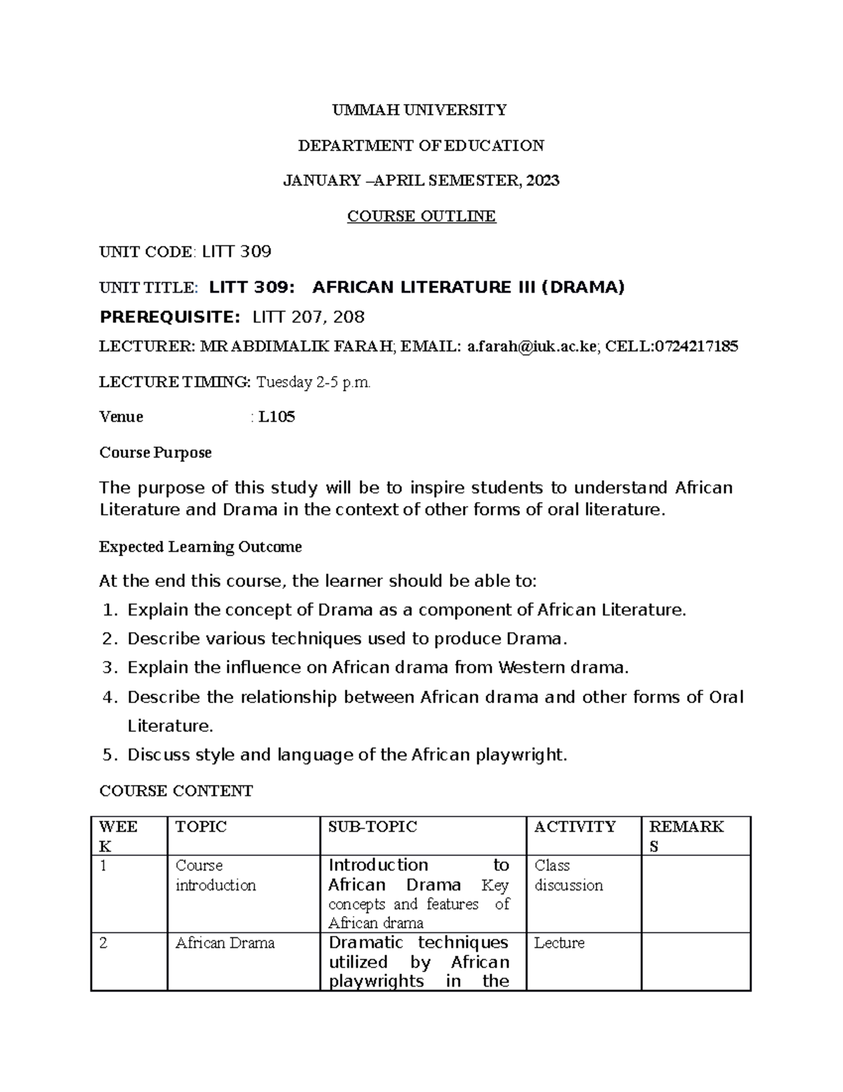 Alt african literature course outline - UMMAH UNIVERSITY DEPARTMENT OF ...